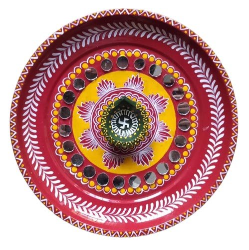Aipan Design Multicolor Pooja Thali with Diyaa, कुमाऊंनी ऐपन