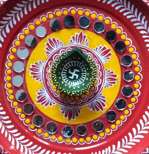 Aipan Design Multicolor Pooja Thali with Diyaa, कुमाऊंनी ऐपन